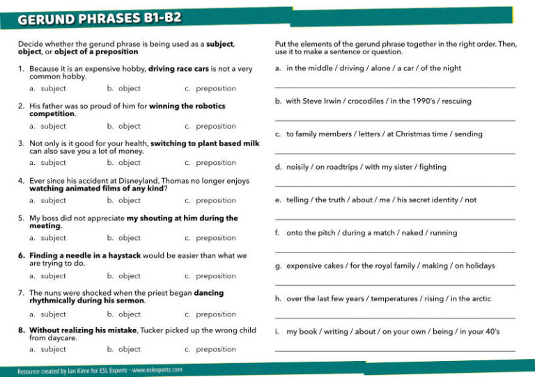Interactive PDF Gerund Phrases Worksheet - ESL Expertz