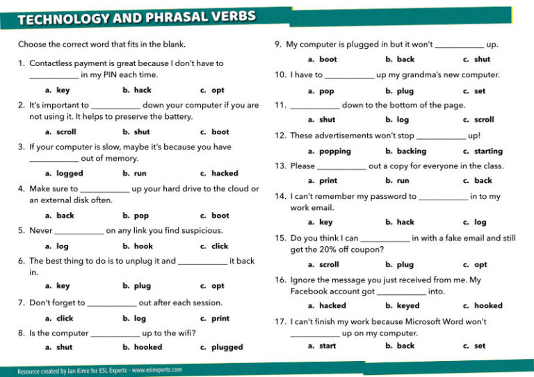 Phrasal Verbs and Technology Worksheet - ESL Expertz