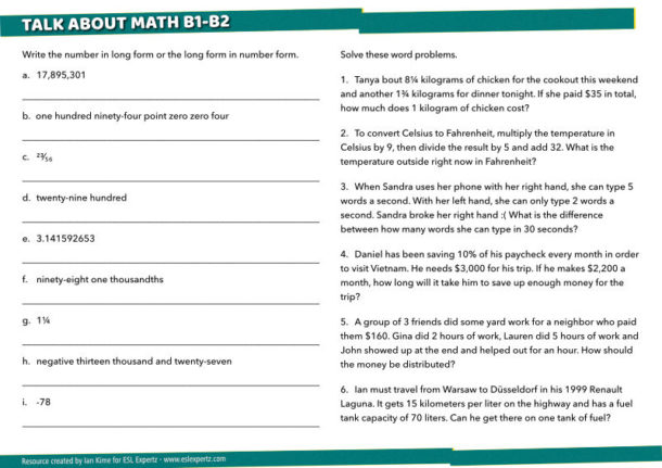 Numbers and Math Vocabulary Worksheet - ESL Expertz