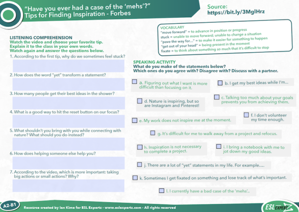 Online Friendly ESL Discussion Worksheet: Tips for Finding Inspiration ...