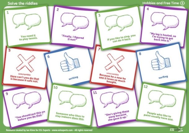 Hobbies & Free Time Pronoun Riddles - ESL Expertz