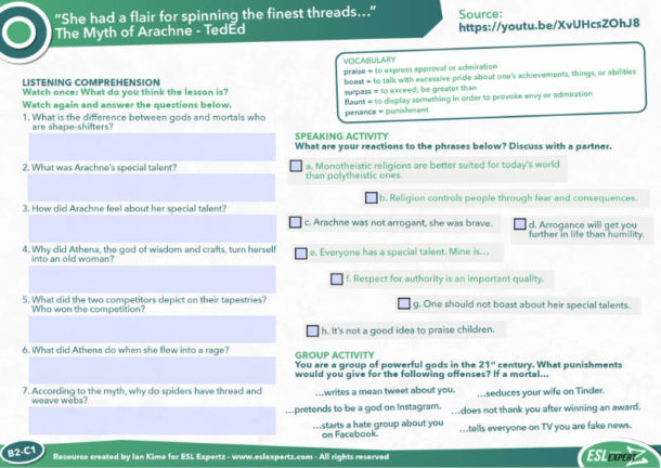 Online Friendly ESL Discussion Worksheet: Myth of Arachne - ESL Expertz