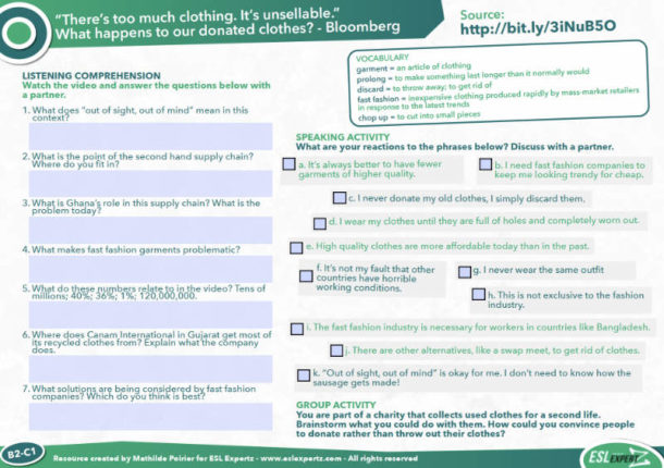 Discussion Worksheet: Donated Clothes - ESL Expertz