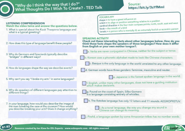 Online Friendly ESL Discussion Worksheet: Language and Thought - ESL ...