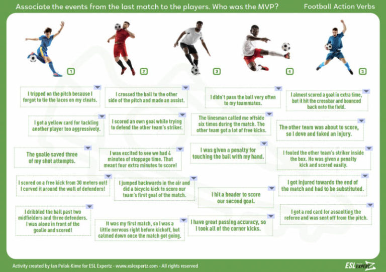 Football Action Verbs Activity - ESL Expertz