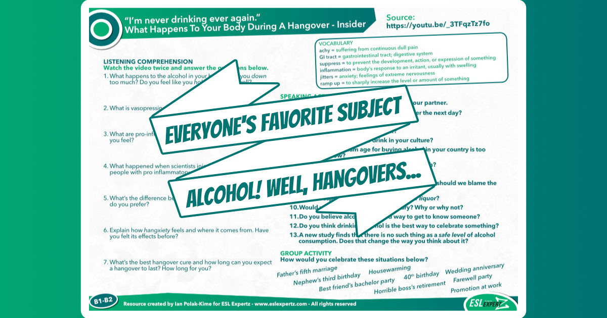 ESL Discussion Worksheet: Hangovers and Alcohol - ESL Expertz