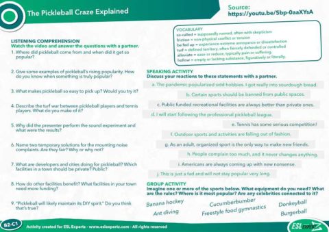 Discussion Worksheet: The Pickleball Craze Explained - ESL Expertz