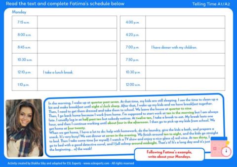 Making a Schedule and Telling Time: Fatima's Mondays - ESL Expertz