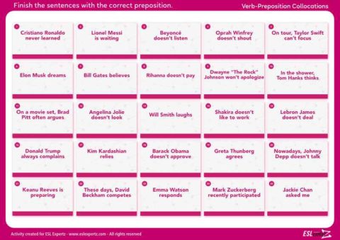 Grammaticards: Celebrities vs. Verb-Preposition Collocations - ESL Expertz